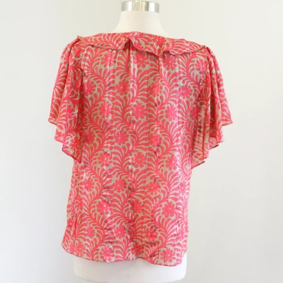 Milly | Tops | Milly New York Floral Ruffle Blouse Coral | Poshmark